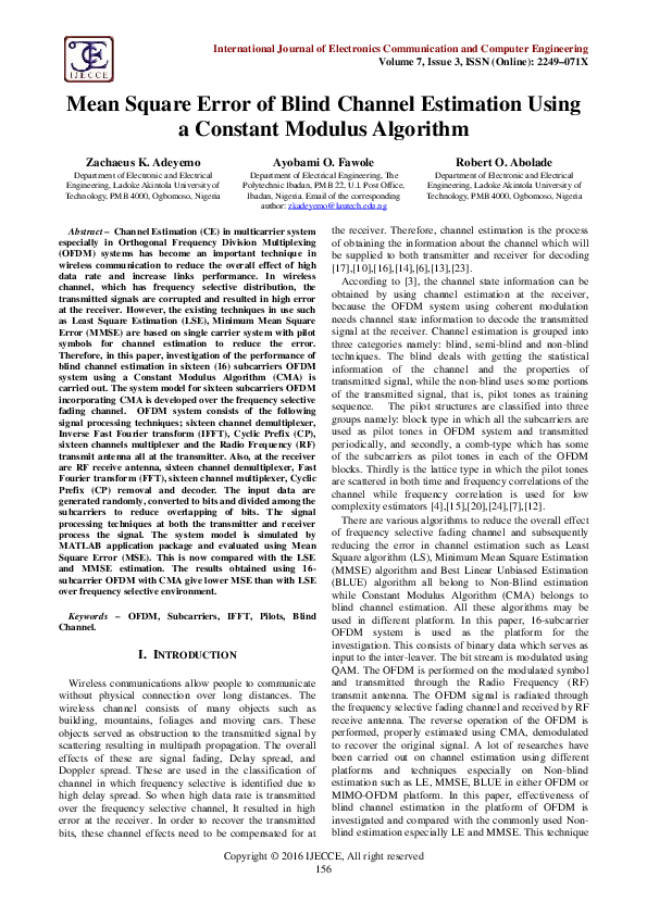 (PDF) Mean Square Error of Blind Channel Estimation Using a Constant Modulus Algorithm
