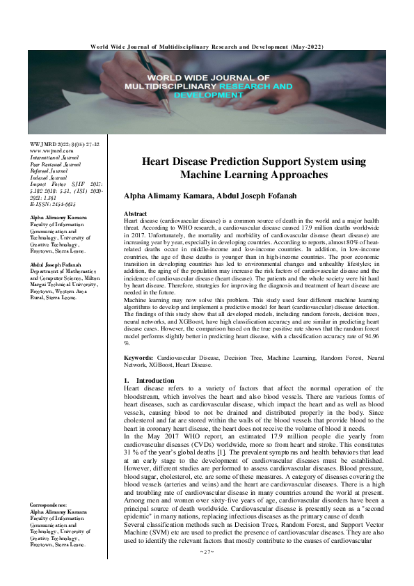 (PDF) Heart Disease Prediction Support System using Machine Learning Approaches