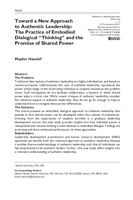 (PDF) Toward a New Approach to Authentic Leadership: The Practice of ...