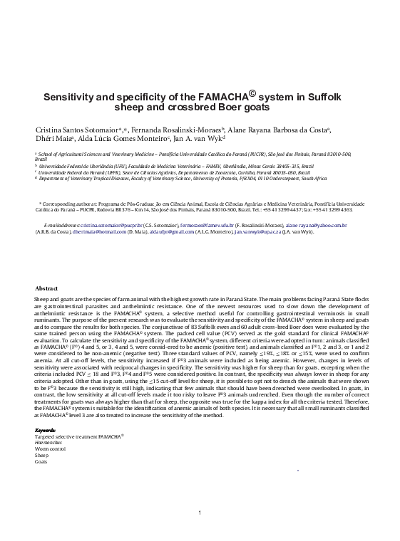(PDF) Sensitivity and specificity of the FAMACHA© system in Suffolk ...