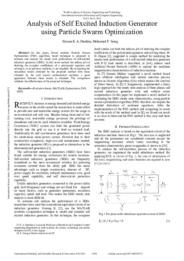 Pdf Analysis Of Self Excited Induction Generator Using Particle Swarm Optimization