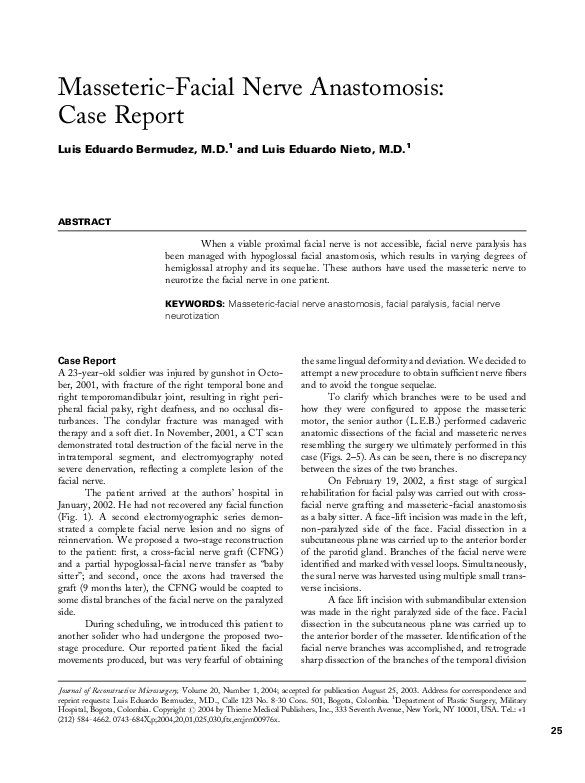 (PDF) Masseteric-Facial Nerve Anastomosis: Case Report