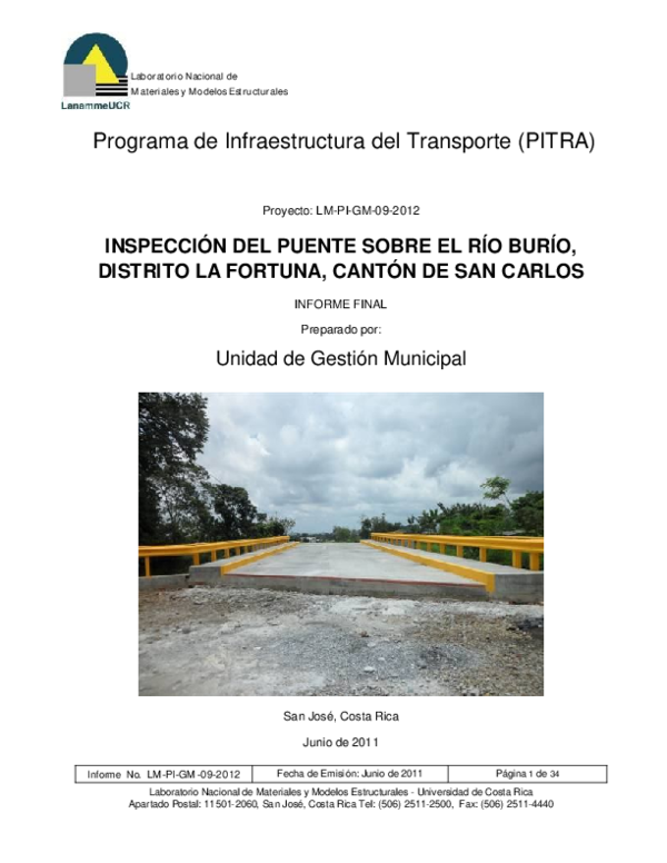 (PDF) Inspeccion Del Puente Sobre El Río Burío, Distrito La Fortuna ...