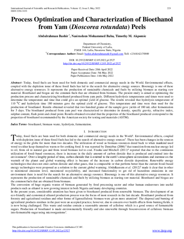 (PDF) Optimizing Bioethanol Production from Yam Peels