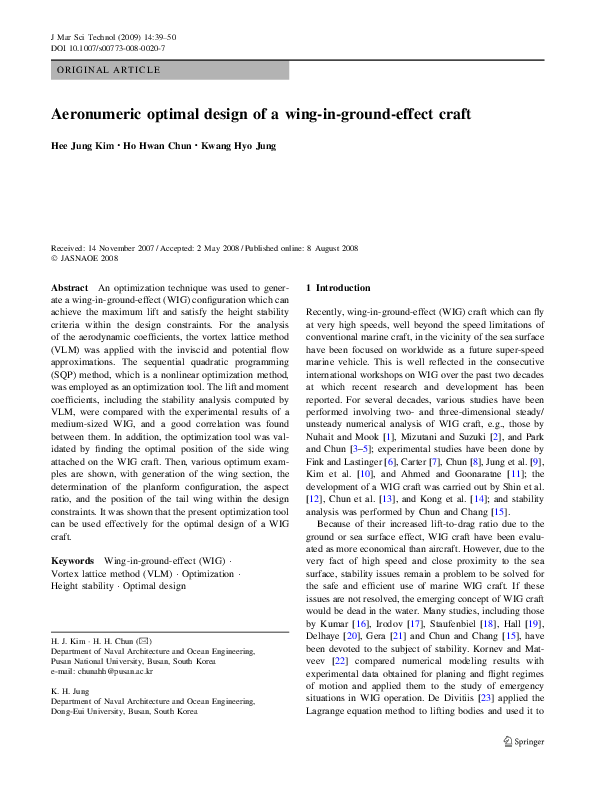 (PDF) Aeronumeric optimal design of a wing-in-ground-effect craft