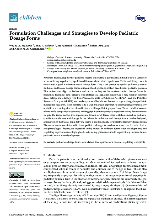 Pdf Formulation Challenges And Strategies To Develop Pediatric Dosage