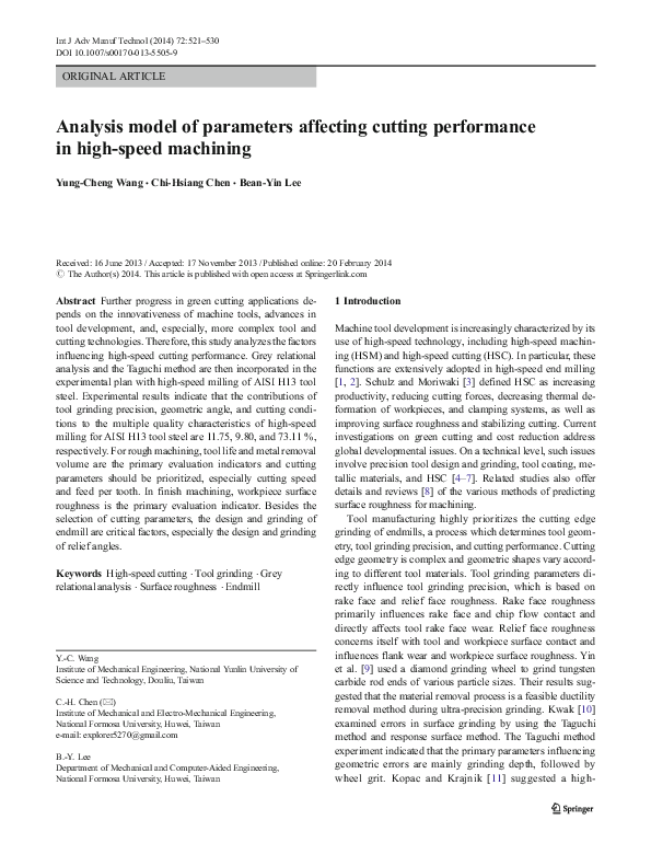 Pdf Analysis Model Of Parameters Affecting Cutting Performance In