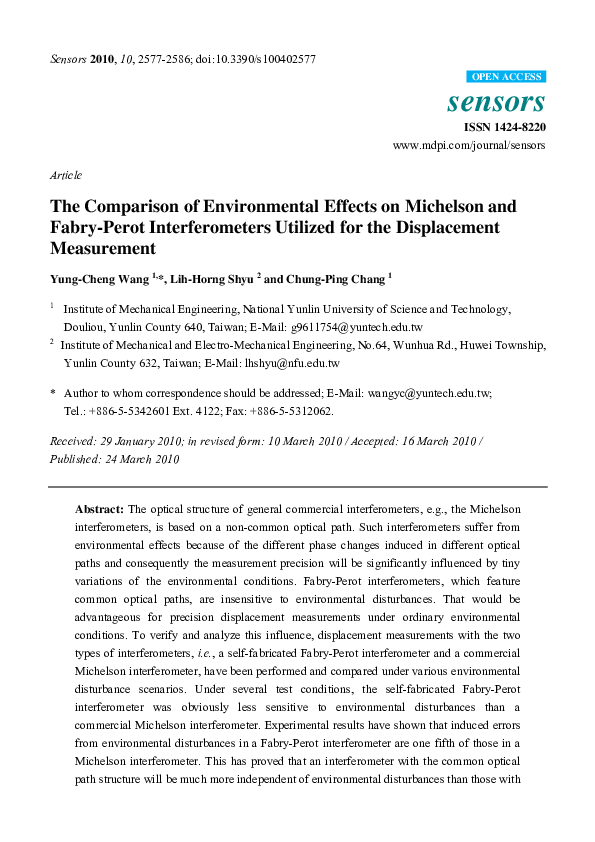 (PDF) The Comparison of Environmental Effects on Michelson and Fabry-Perot Interferometers ...