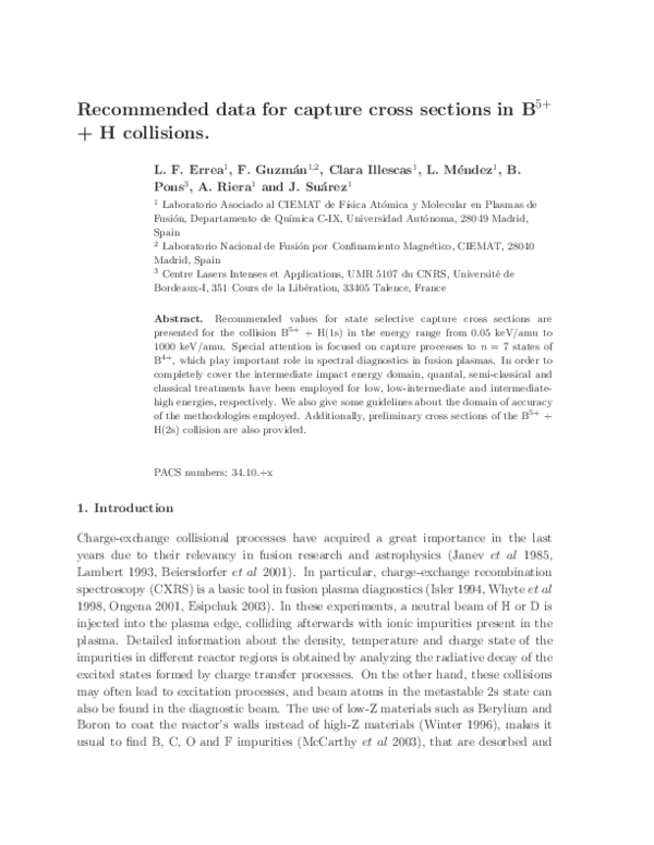 (PDF) Recommended data for capture cross sections in B5++ H collisions | Luis Méndez - Academia.edu