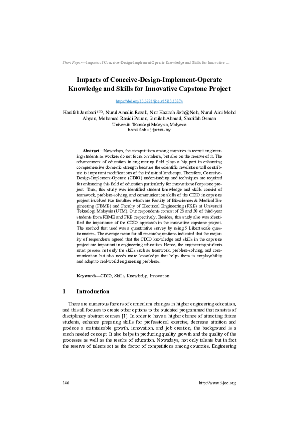 (PDF) Conceive-Design-Implement-Operate (Cdio) Approach for an Innovative Capstone Project