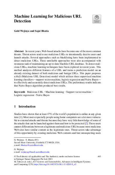(PDF) Machine Learning for Malicious URL Detection