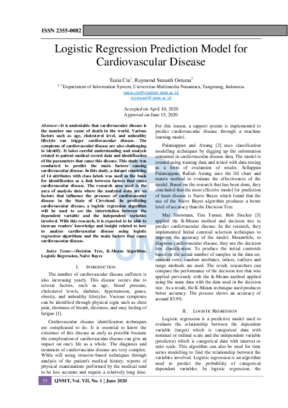 (PDF) Logistic Regression Prediction Model for Cardiovascular Disease