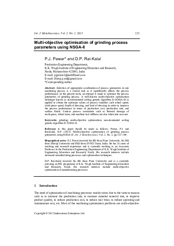 (PDF) Multi-objective optimisation of grinding process parameters using NSGA-II
