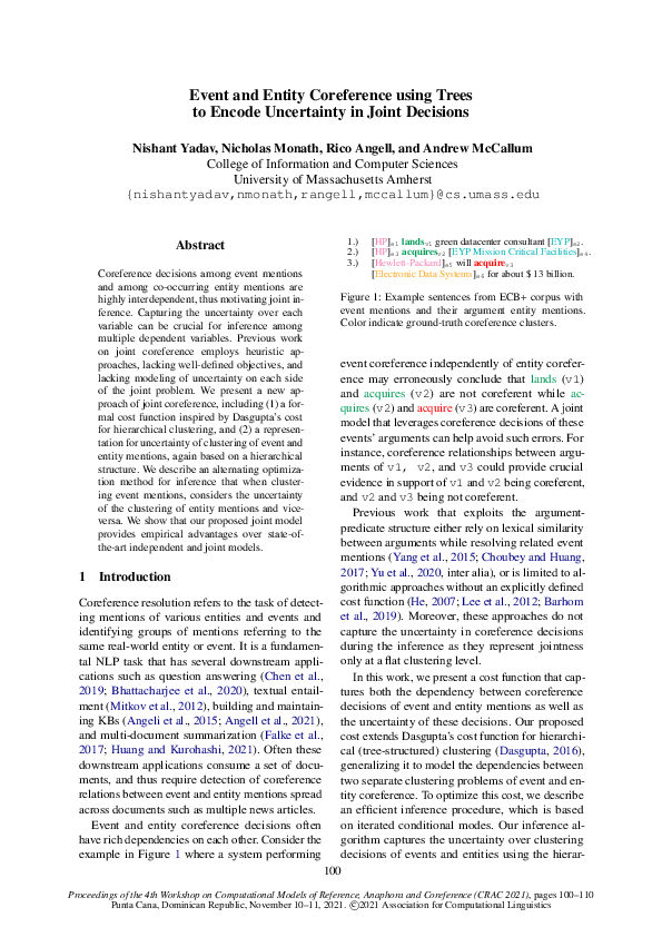 (PDF) Event and Entity Coreference using Trees to Encode Uncertainty in Joint Decisions