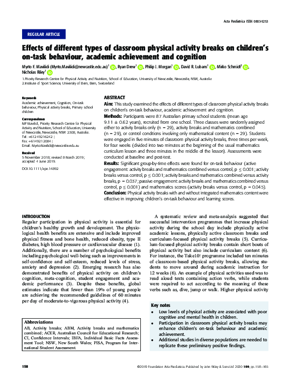 (PDF) Effects of different types of classroom physical activity breaks ...