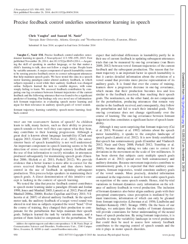 (PDF) Precise feedback control underlies sensorimotor learning in speech