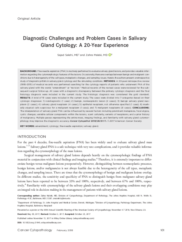 Pdf Diagnostic Challenges And Problem Cases In Salivary Gland Cytology A 20 Year Experience
