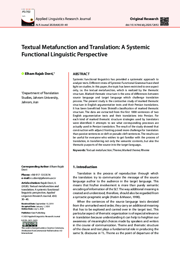(PDF) Textual Metafunction and Translation: A Systemic Functional ...