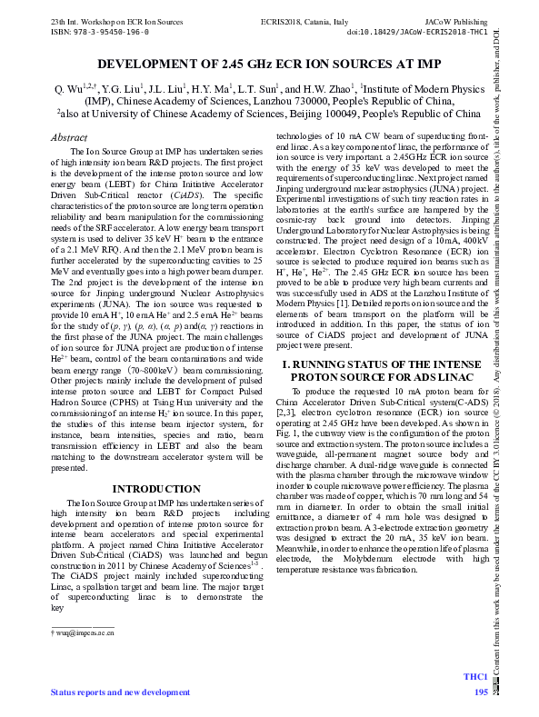 (PDF) Development of 2.45 GHz ECR Ion Source at IMP