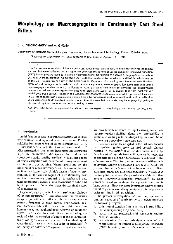 (PDF) Morphology and Macrosegregation in Continuously Cast Steel Billets