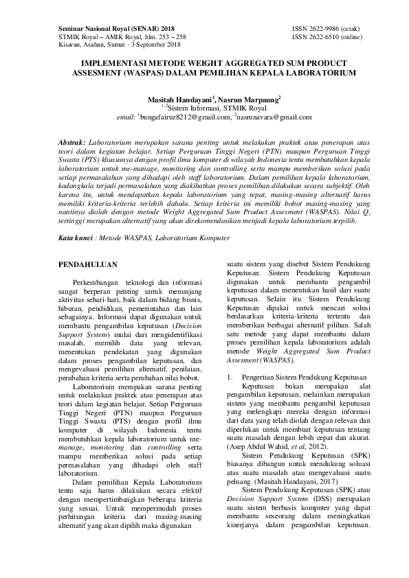 (PDF) Implementasi Metode Weight Aggregated Sum Product Assesment (Waspas) Dalam Pemilihan ...