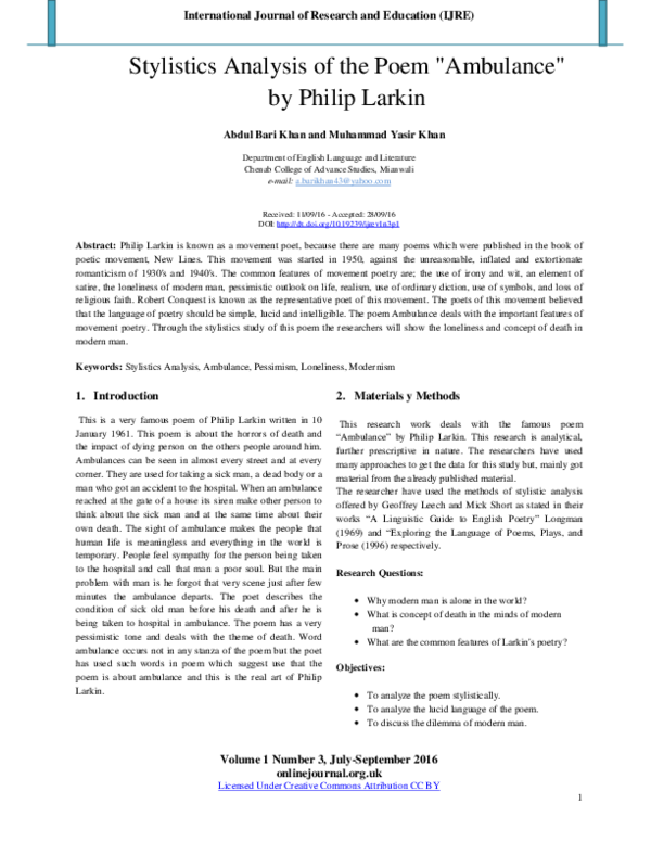 (PDF) Stylistic analysis of the poem "Ambulance" by Philip Larkin