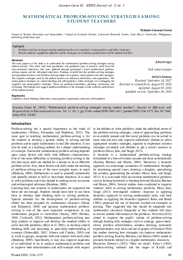 (PDF) MATHEMATICAL PROBLEM-SOLVING STRATEGIES AMONG STUDENT TEACHERS