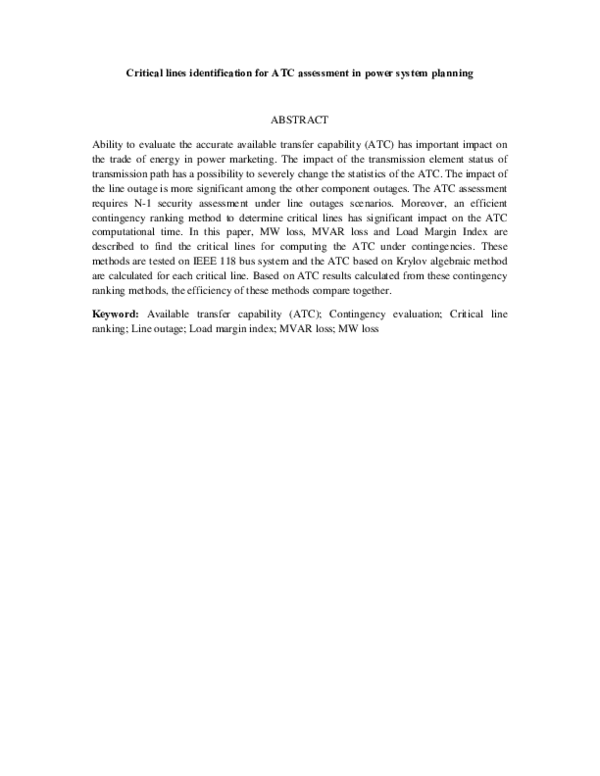 (PDF) Critical Lines Identification for ATC Assessment in Power System ...