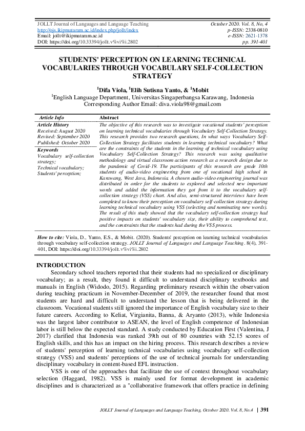 (PDF) Students’ Perception on Learning Technical Vocabularies Through ...