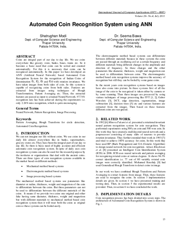 (PDF) Automated Coin Recognition System using ANN