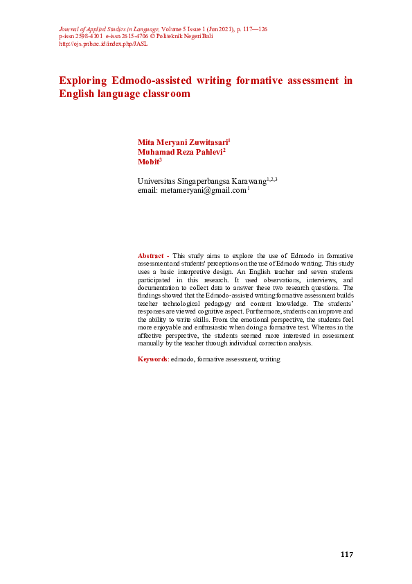 (PDF) Edmodo-Assisted Formative Assessment in English Writing