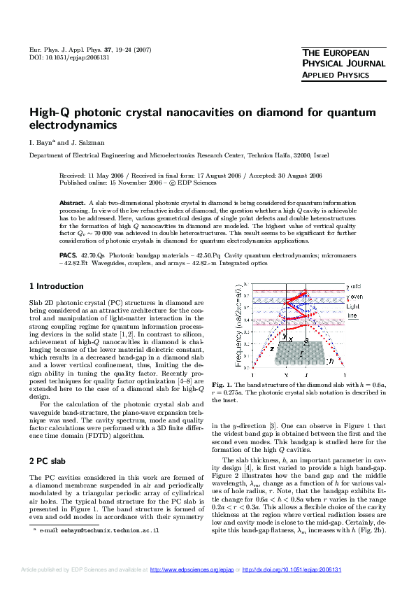 (PDF) High-Q photonic crystal nanocavities on diamond for quantum electrodynamics