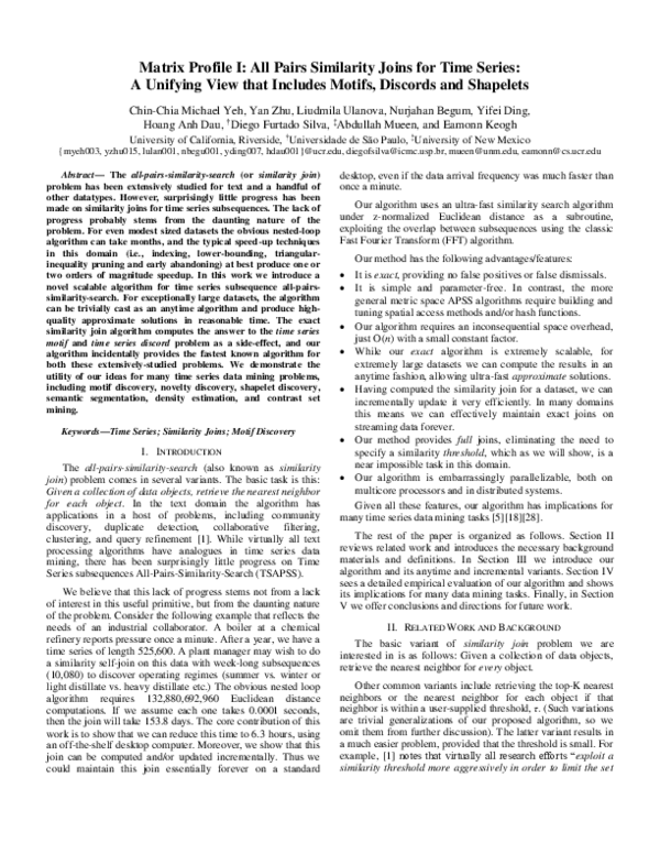 Pdf Matrix Profile I All Pairs Similarity Joins For Time Series A Unifying View That