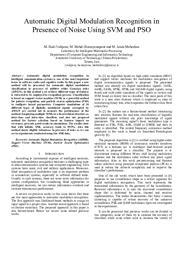 Pdf Automatic Digital Modulation Recognition In Presence Of Noise Using Svm And Pso