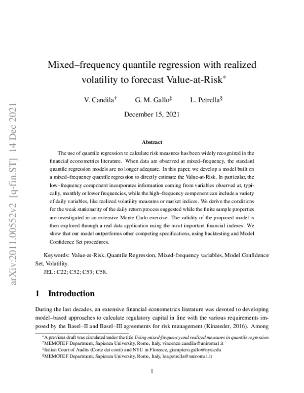 (PDF) Mixed-frequency quantile regression with realized volatility to forecast Value-at-Risk