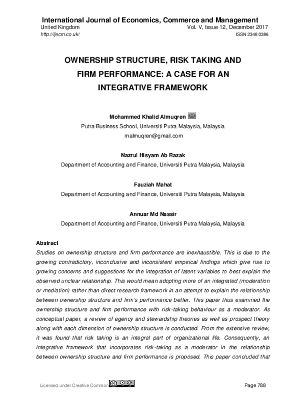 (PDF) Ownership Structure, Risk Taking and Firm Performance: A Case for ...