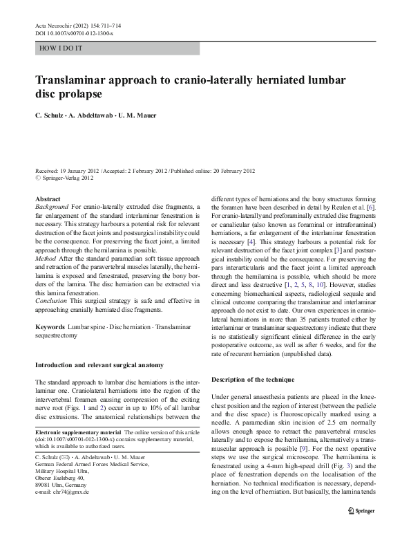 (PDF) Translaminar approach to cranio-laterally herniated lumbar disc ...