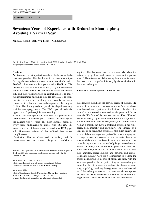 (PDF) Seventeen Years of Experience with Reduction Mammaplasty Avoiding ...