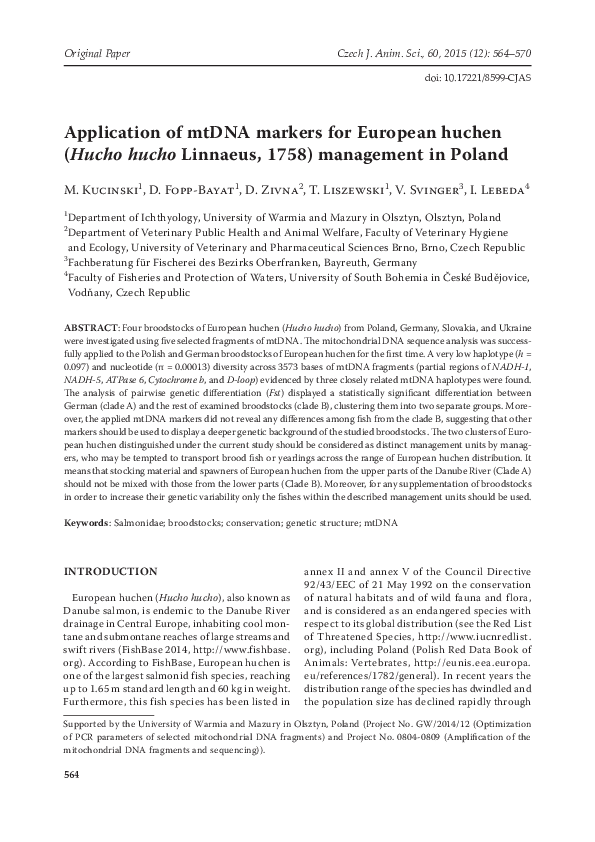 (PDF) Application of mtDNA markers for European huchen (Hucho hucho ...