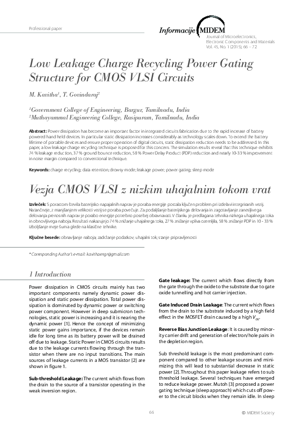 Pdf Low Leakage Charge Recycling Power Gating Structure For Cmos Vlsi