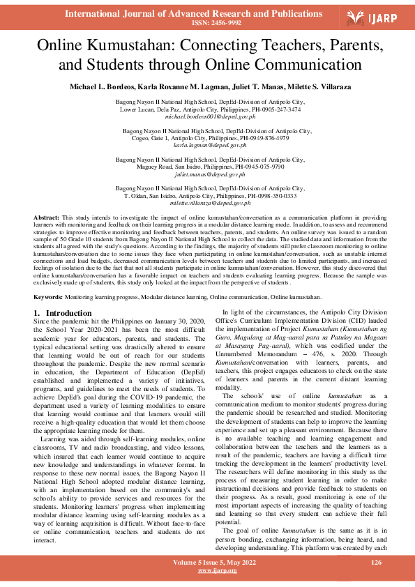 (PDF) Online Kumustahan: Connecting Teachers, Parents, and Students ...
