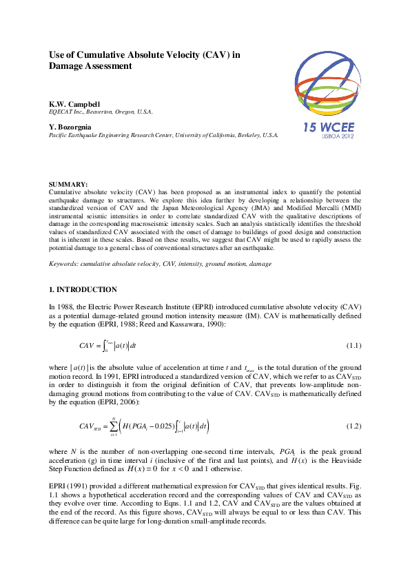 (PDF) Use of Cumulative Absolute Velocity ( CAV ) in Damage Assessment