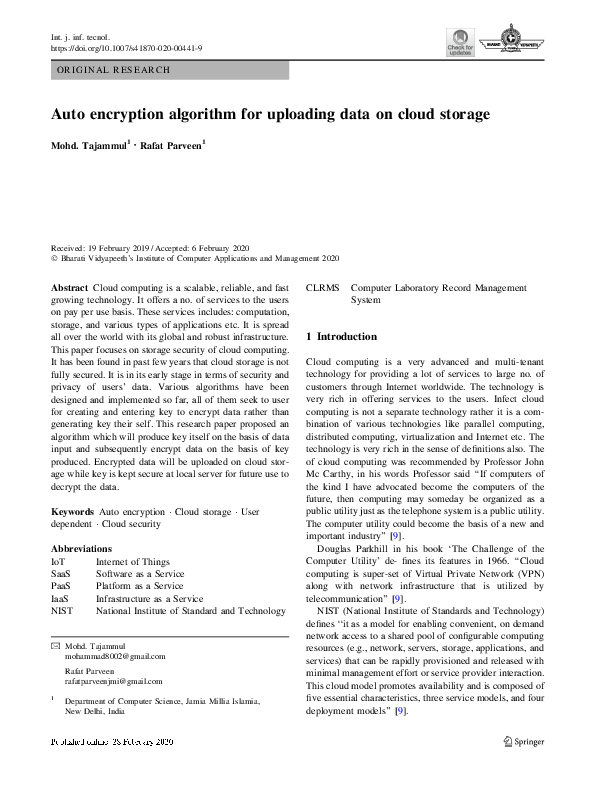 (PDF) Auto encryption algorithm for uploading data on cloud storage