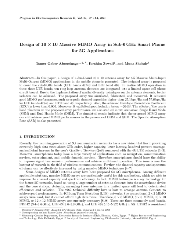 (PDF) Design of 10 × 10 Massive Mimo Array in SUB-6 GHZ Smart Phone for 5G Applications