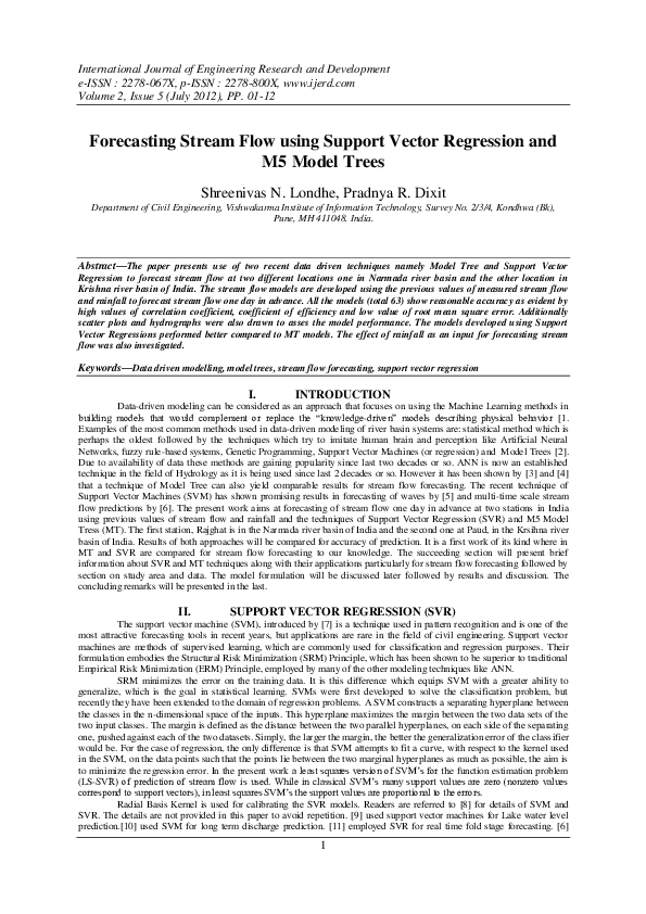 (PDF) Forecasting Stream Flow using Support Vector Regression and M5 Model Trees