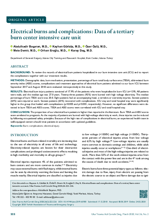 (PDF) Electrical Burns and Complications: Data of a Tertiary Burn ...