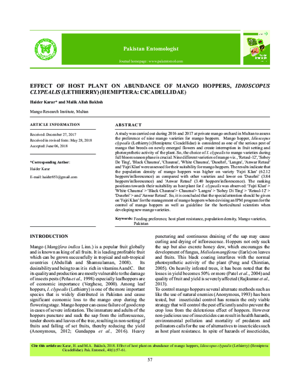 (PDF) Effect of Host Plant on Abundance of Mango Hoppers, Idioscopus ...