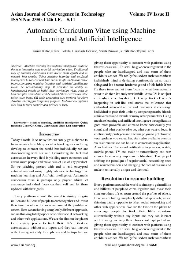 (PDF) Automatic Curriculum Vitae using Machine learning and Artificial ...