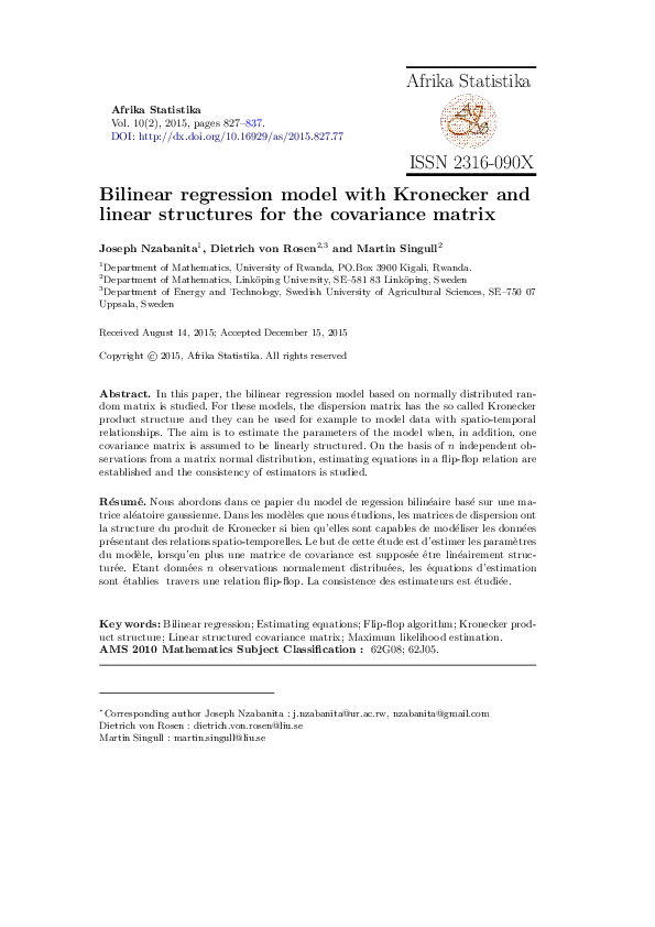 Pdf Bilinear Regression Model With Kronecker And Linear Structures For The Covariance Matrix