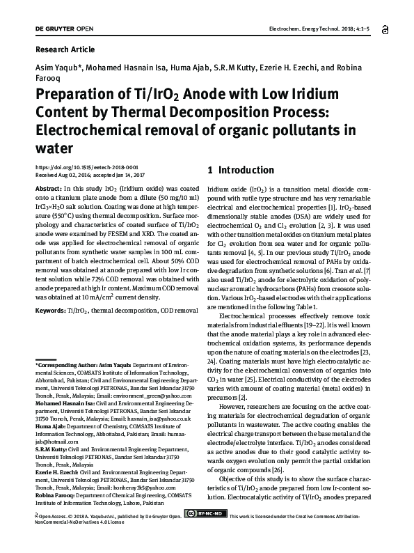 (PDF) Preparation of Ti/IrO2 Anode with Low Iridium Content by Thermal ...